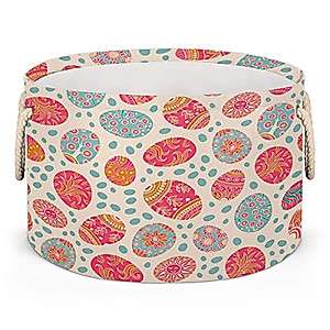 Colorful Eggs Easter Pattern (11) Large Round Baskets for Storage Laundry Baskets with Handles Blanket Storage Basket for Bathroom Shelves Bins for Organizing Nursery Hamper Girl Boy