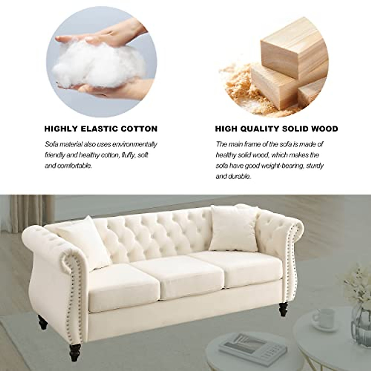 Imbesty 3 Seater Accent Sofa with Two Pillows, Chesterfield Beige Velvet Couch 80" Sofa Tufted Vintage Couch with Rolled Arms and Nailhead for Living Room, Bedroom, Apartment (80"-Beige)