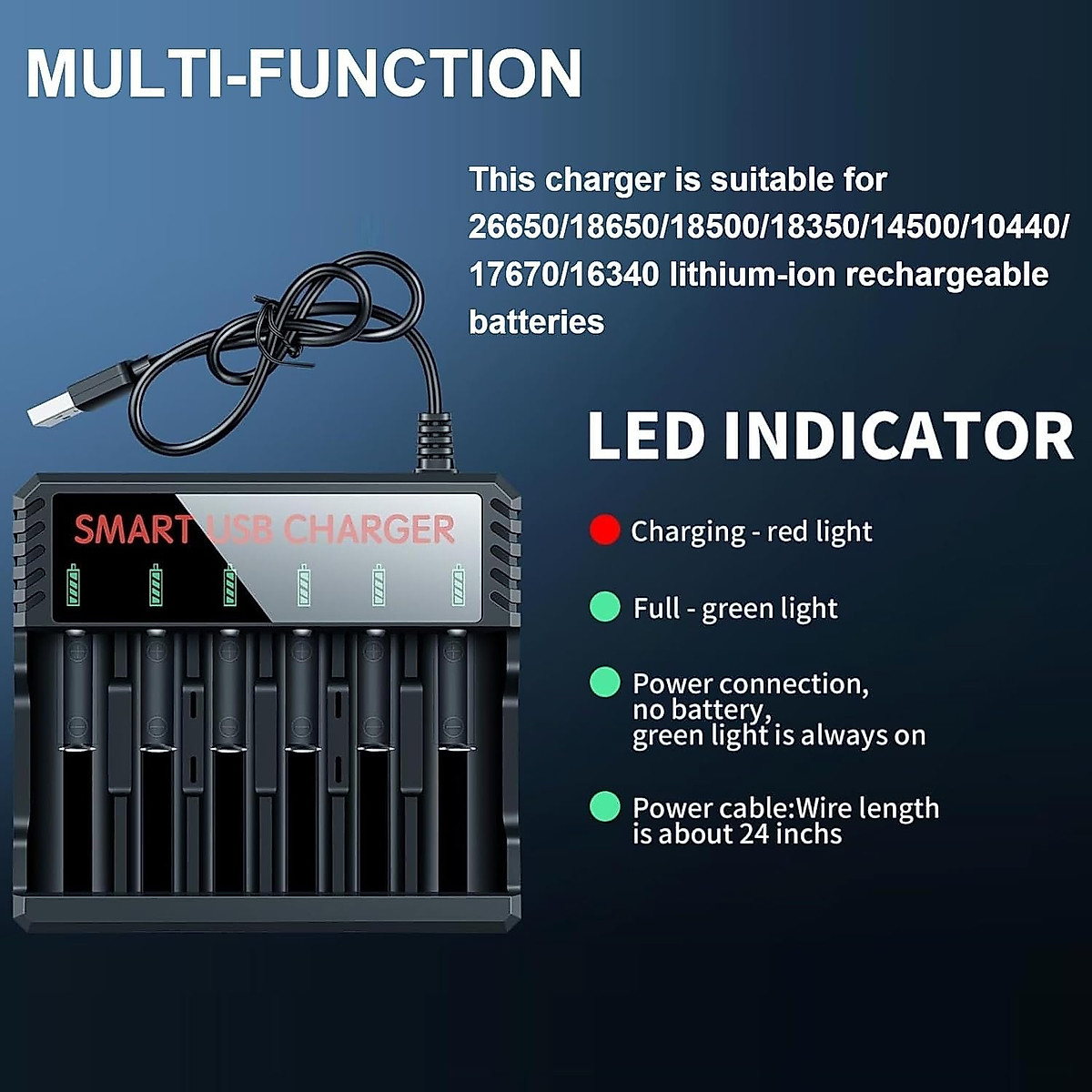 Tokeyla 6 Bay 18650 Battery Charger, Universal Wall Charger for 3.7v Lithium Rechargeable Batteries, 4.2V 1% Output, 6 Independent Charging Channels, Safety Protection, USB 10V Input