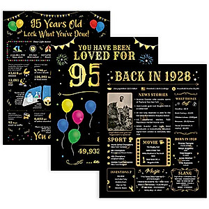 [Set of 3] 95th Birthday Decorations - 95th Birthday Gifts for Women or Men - Funny 95 Years Old Birthday Party Supplies for Parents - Birthday Gift Ideas for Her or Him - Back in 1928 Poster [Unframed 8x10]