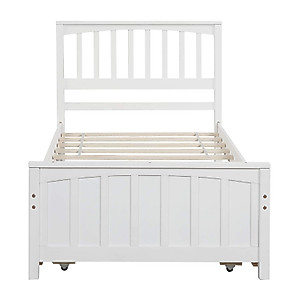 MERITLINE Kids Twin Bed with Trundle, Platform Bed Trundle Twin Bed with Headboard and Footboard for Girls Boys, No Need Box Spring, White