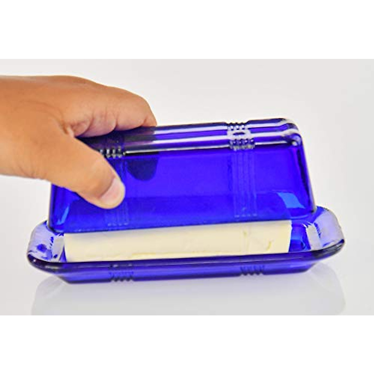 Home-X Glass Butter Dish with Lid - Vintage Style Butter Keeper for Countertop, Retro Butter Container with Cover, Dishwasher Safe Butter Holder, 6 3/4" L x 3 1/4" W x 2 1/2" H, Blue