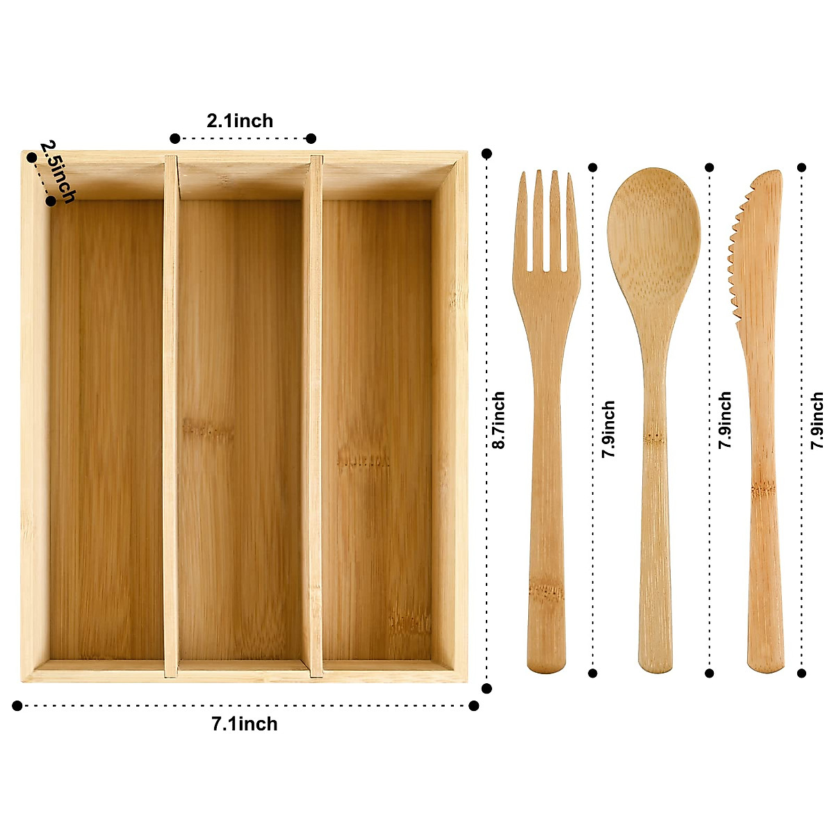 Bamboo Cutlery Reusable with Silverware Organizer, 16Pcs Bamboo Flatware Set with Bamboo Forks Spoons Knives, Reusable Bamboo Cutlery with Portable Storage Case for Home and Travel Camping Hiking