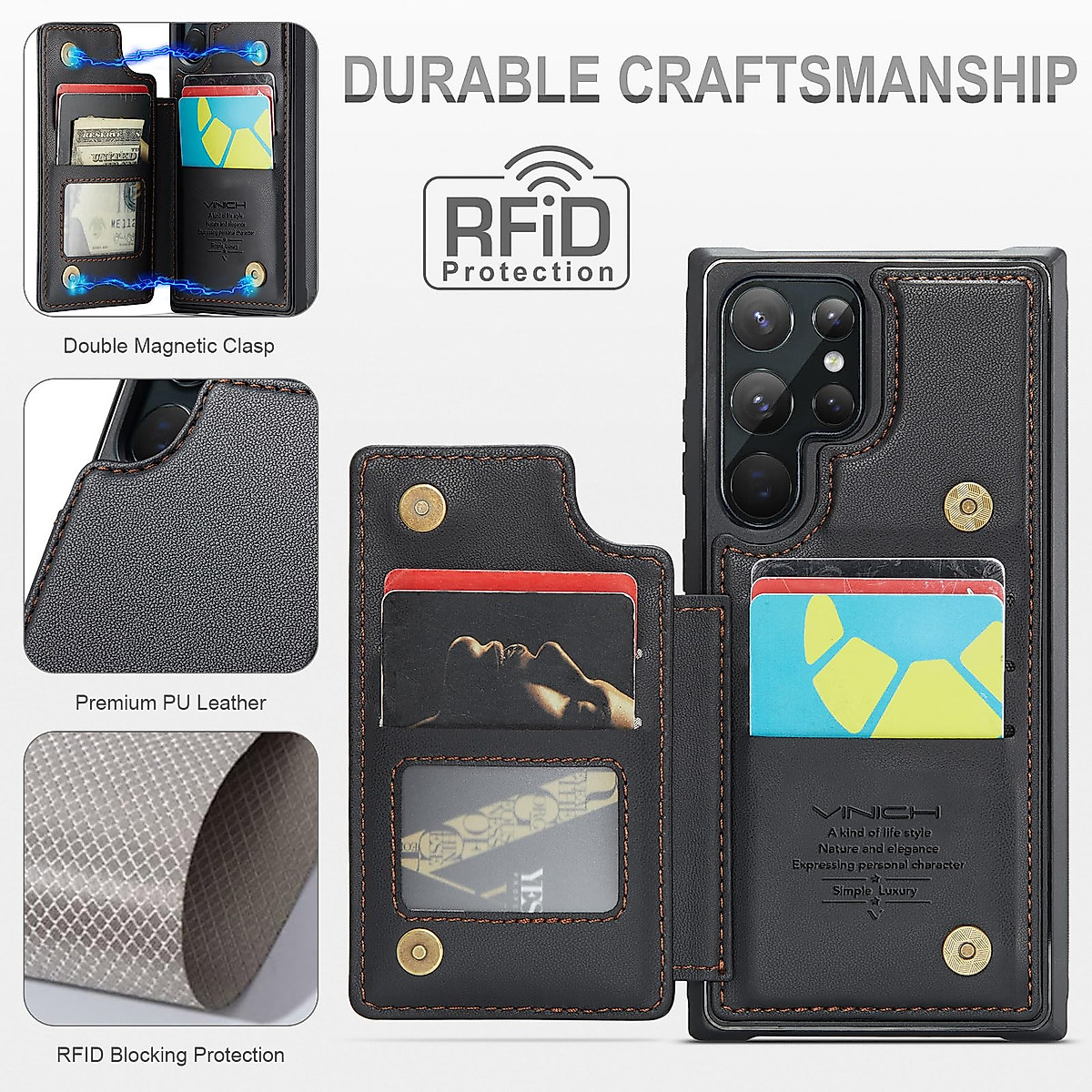 Vinich for Samsung Galaxy S22 Ultra Wallet Case with Card Holder, RFID Blocking Credit Slots Kickstand Shockproof Phone Cover for Women Men, Black