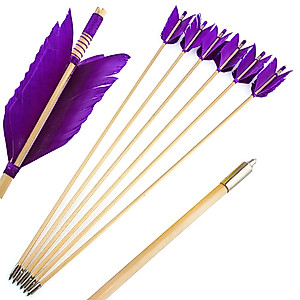 ZSHJGJR Archery Hunting Arrows Wooden Flu-Flu Arrows Traditional Wooden Arrows 4 Turkey Feathers Fletching for Recurve Bow Longbow Practice Targeting Hunting Shooting 6/12 Pack (6, Purplish Red)