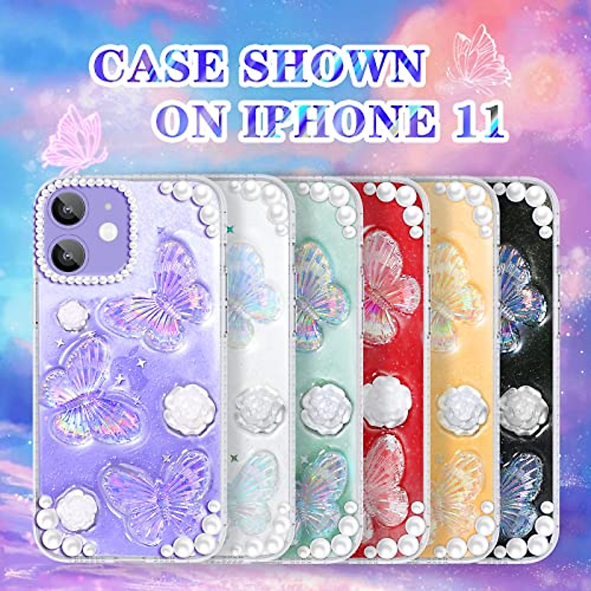 Goocrux (4in1 Case for Apple iPhone 11 Butterfly Glitter Handmade Sequin Sparkle Pretty for Women Girls Clear Design Crystal Pearl Sparkly Cute Girly Phone Cases+Chain+Camera Cover+Screen Protector