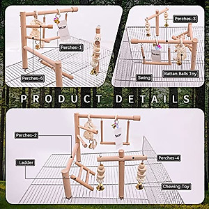 QBLEEV Bird Cage Play Stand Toy Set-Birdcage Wood Stands Hanging Chew Toys Ladder Swing Parrot Perch Play Gym Playground Accessories Activity Center for Conure, Parakeets, Budgie, Cockatiels,Lovebirds