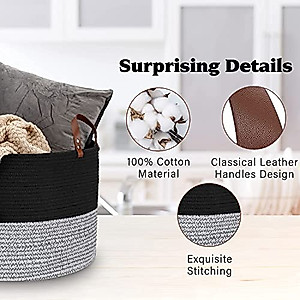 Hombins Large Cotton Rope Basket Woven Storage Basket - Decorative Storage Basket with Handles Collapsible Laundry Hamper for Throws, Pillows, Blanket, Black&Grey, 20"x20"x13"