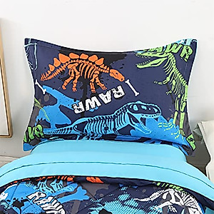Wowelife Dinosaur Toddler Bedding Sets for Boys and Girls, Premium 4 Piece Dinosaur Skeleton Toddler Bed Set Blue, Super Soft and Comfortable for Toddler