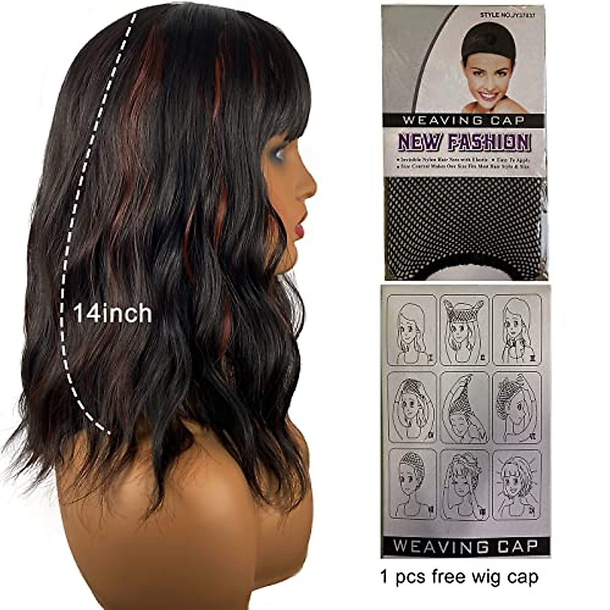 MIMISERVICE Black Short Wavy Wig with Bangs for Women Shoulder Length Black with Brown Bob Curly Women's Charming Synthetic Wigs with Natural Wavy Heat Resistant Hair for Daily Party Use