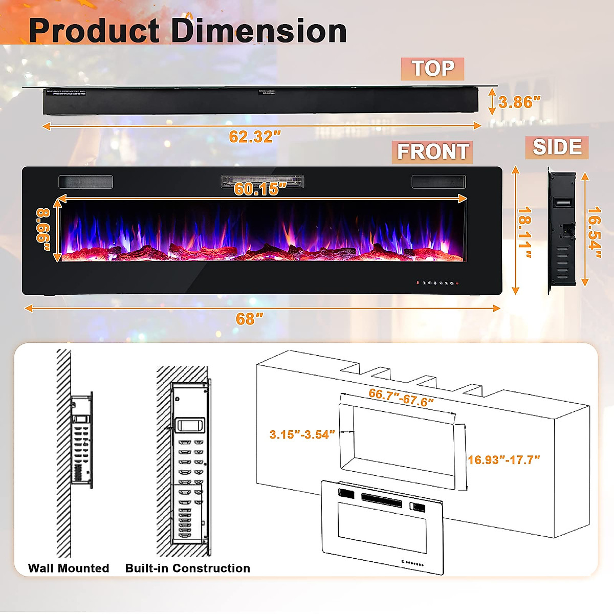 COSTWAY 68 Inches Ultra-Thin Electric Fireplace, 5100 BTU Recessed and Wall Mounted Fireplace Insert with Remote Control, Log and Decorative Crystals, Adjustable Flame Effect, ETL Certification