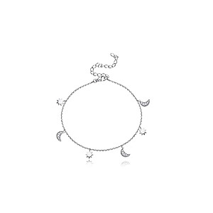 Dainty Star and Moon Anklet 925 Sterling Silver CZ Crystal Adjustable Dangle Charm Beach Foot Anklets Bracelet Summmer Foot Jewelry for Women (Silver)