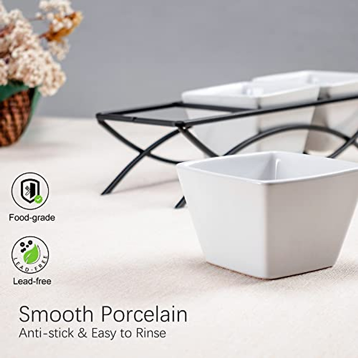 UNICASA Square Ramekin Bowls 10 oz, Condiment Serving Tray with Metal Rack Stand - Chips and Dips Snack Tray for Party - White Side Dish for Appetizer, Fruit, Nuts, Ice Cream, Candy