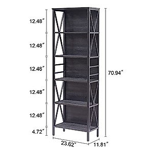 HOMISSUE Bookshelf, 6-Tier Bookshelf, Rustic Wood Metal Bookshelves and Bookcases, Freestanding Open Book Shelf, Industrial Tall Bookcase for Home Office, Living Room and Bedroom, Vintage Grey