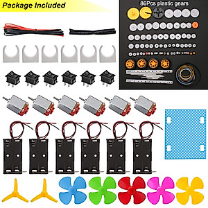 6 Set DC Motor Kit, Rectangular Electric 1.5-3V 24000RPM Mini Motor with 86 Pcs Plastic Gears, 2 x AA Battery Holder, Bracket, Rocker Switch, Shaft Propeller, Wheels for DIY Science Projects