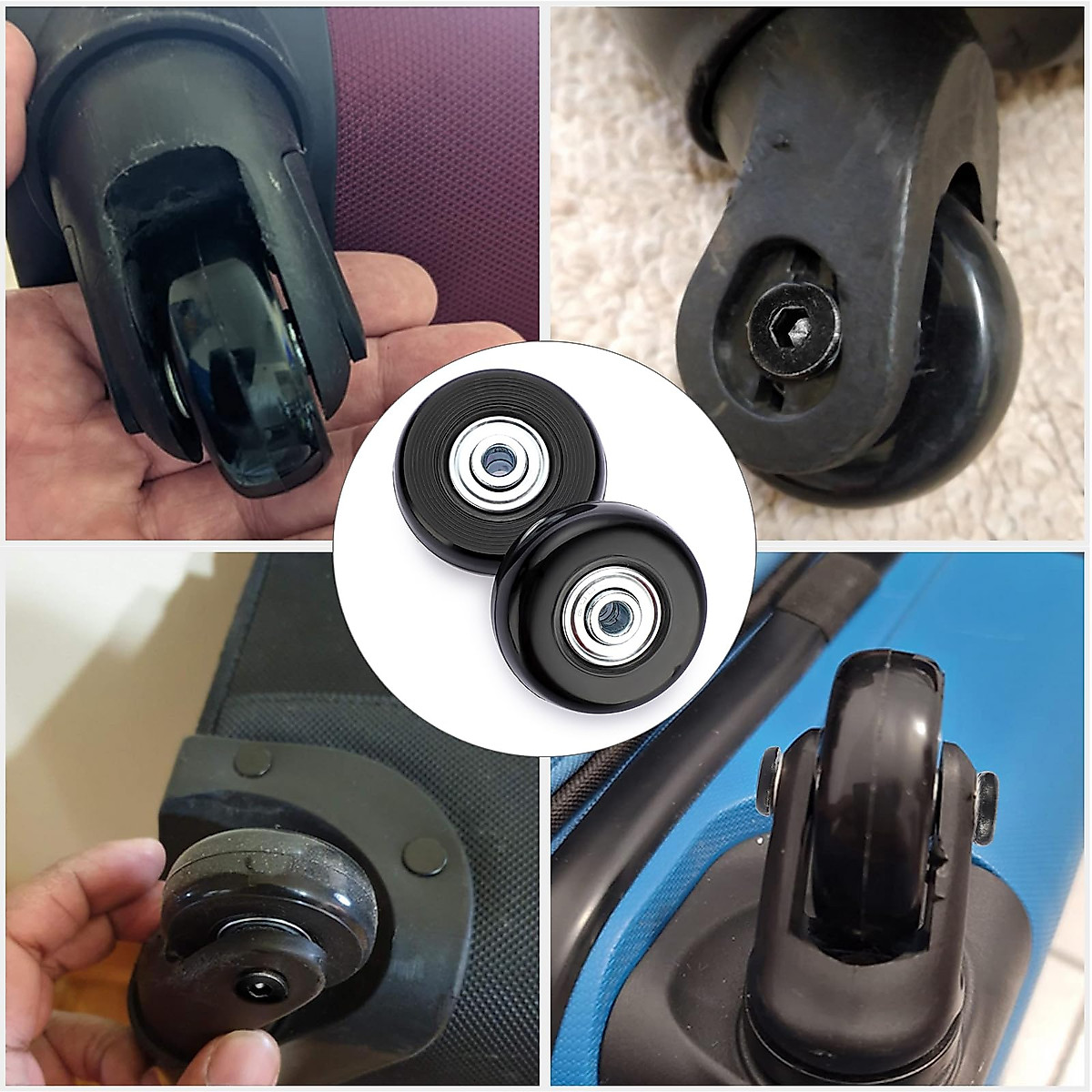 OwnMy 45mm x 18mm Luggage Wheels Replacements Set of 4 Mute Suitcase Replacement Wheels with Black Screws Axles Bearings, Rotatable Rubber Luggage Replacement Wheels Silent Suitcase Swivel Wheels Kit