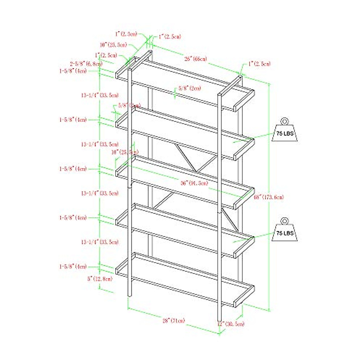 Walker Edison 5 Shelf Industrial Wood Metal Bookcase Tall Bookshelf Storage Home Office, 68 Inch, Driftwood