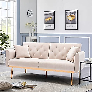 Woanke, Mid Century Velvet Fabric, Modern Folding, Convertible Futon Bed, Recliner Couch Accent Loveseat Sofa with Rose Gold Metal Feet, Beige