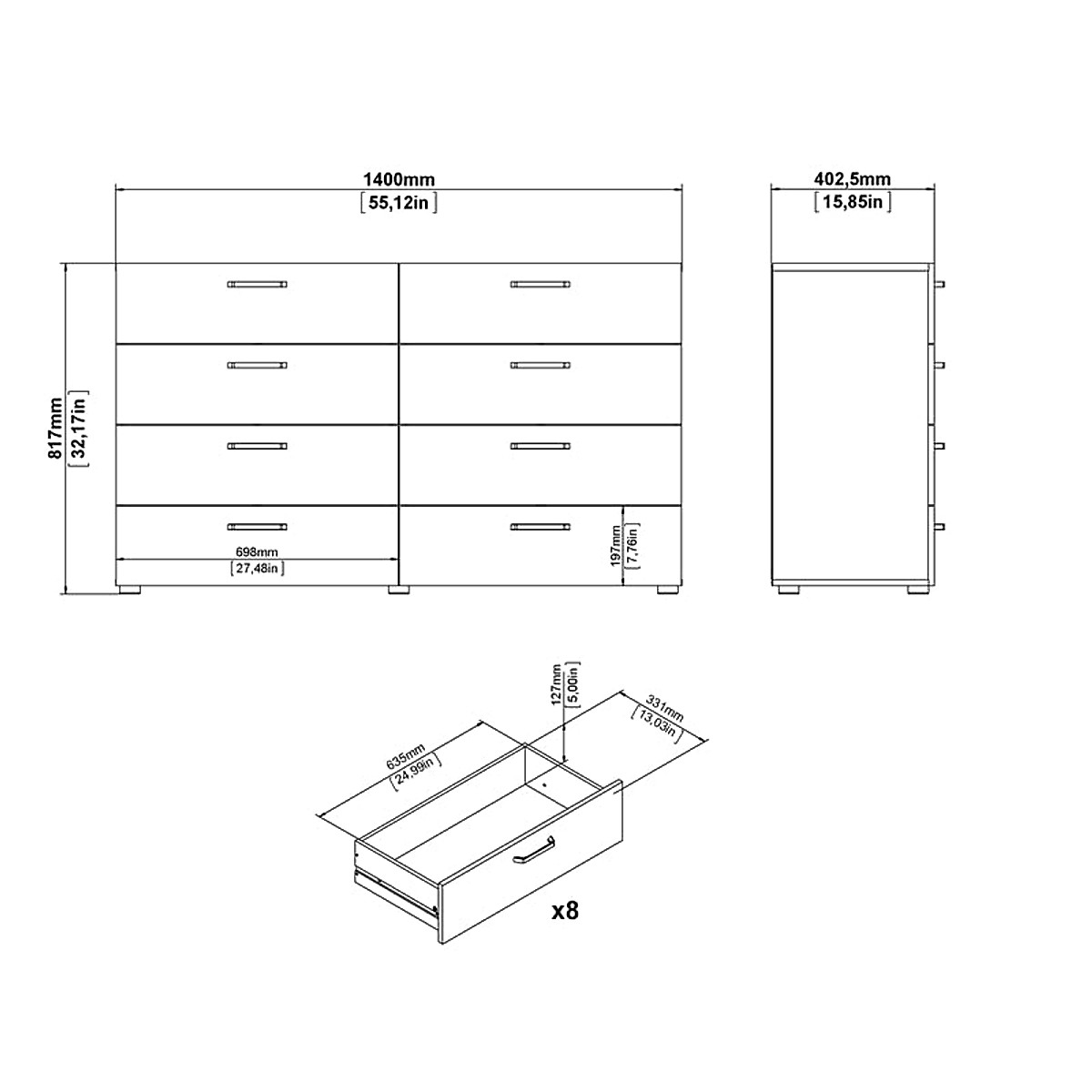 Tvilum Dallas 8 Drawer Double Dresser, Dark Chocolate