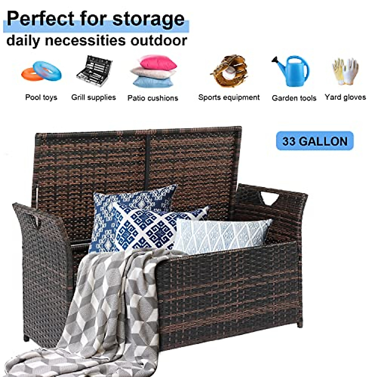 FurniSdoo PE Rattan Outdoor Storage Bench, Wicker Deck Storage Box with Comfy Beige Seat Cushion, Perfect for Patio Porch Garden Balcony Yard Garden Tools Pool Toys, 33 Gallon Brown