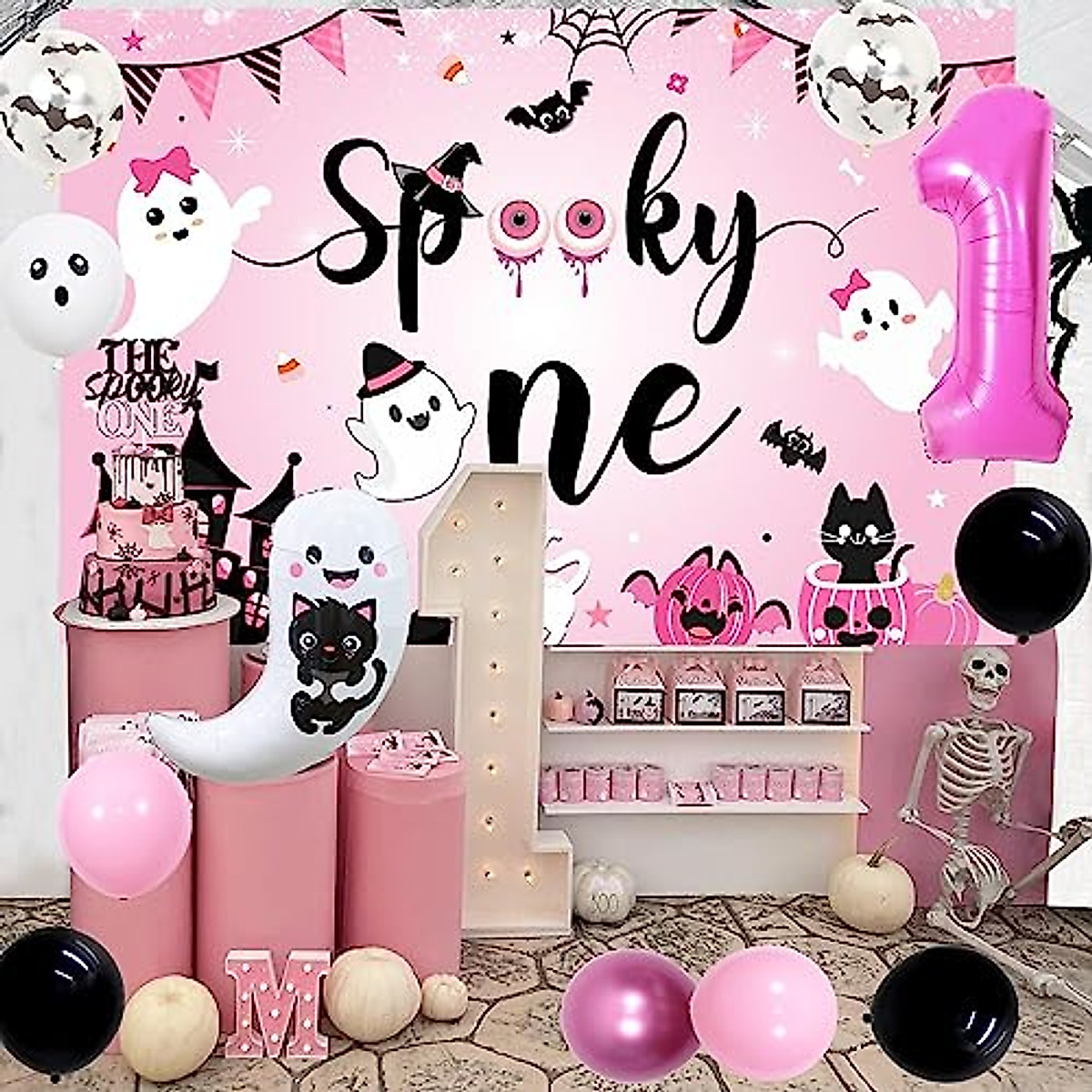 Halloween 1st Birthday Party Decorations for Girl Spooky One Backdrop Pink Black Hot Pink Balloons High Chair Banner Cake Topper for First Birthday Party Supplies
