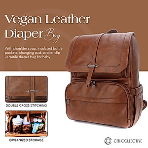 Citi Collective Navigator Saddle Brown Diaper Bag Backpack -Premium Vegan Leather- Compact Spacious Design With Insulated Pockets and Stroller Clips