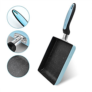 Japanese Tamagoyaki Omelette Egg Pan（blue）, 7" x 6" inch Non-stick Coating Retangle Small Frying Pan, Gas Stove and Induction Hob Compatible, Dishwasher Safe, with Silicone Spatula & Brush（green)