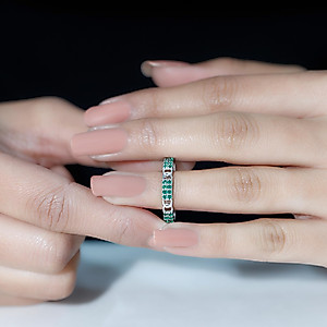 Rosec Jewels Certified Natural Emerald Half Eternity Band for Women, AAA Quality, Emerald Anniversary Ring - Ready to Gift, 14K White Gold, Size:US 7.50