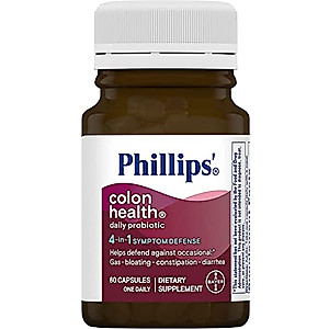 Phillips’ Colon Health Daily Probiotic Capsules, 4-in-1 Symptom Defense to help defend against Occasional Gas, Bloating, Constipation, and Diarrhea, Daily Supplement, 60 Count