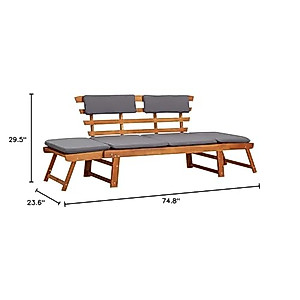 FAMIROSA Outdoor Bench 2-in-1 Convertible Day Bed with Cushion Both Side Adjustable Acacia Wood Garden Bench for Backyard, Balcony, Lawn, Poolside Furniture