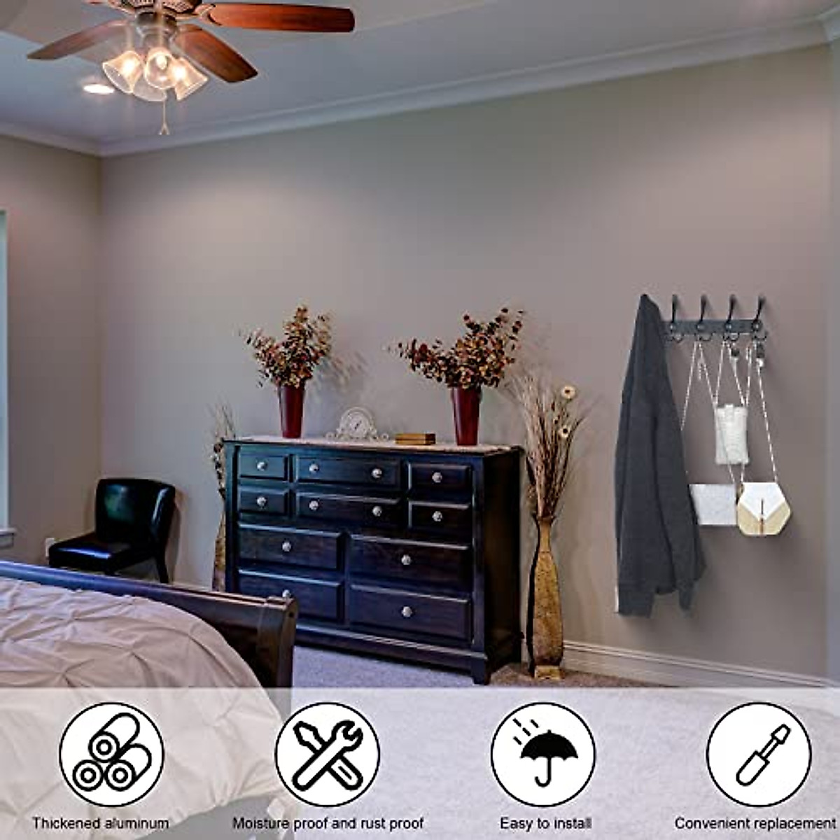 4 Packs Coat Rack Wall Mount with 5 Tri Hooks 16 Inch Metal Coat Hook Rail Heavy Duty Stainless Steel Rack Hooks for Hanging Coats Hats Clothes Purse Entryway Bathroom, Bedroom, Mudroom (Black)