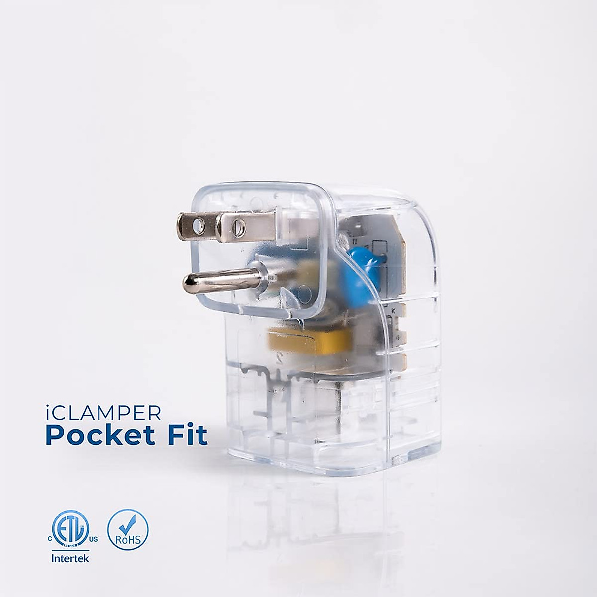 Clamper Single Outlet Surge Protector Right Angle & Space Saving, 1800 Joules, 1875W, for TV, PC, Xbox, PS5, Refrigerators and Other Appliances (Wall Surge Protector),1-Pack in Clear