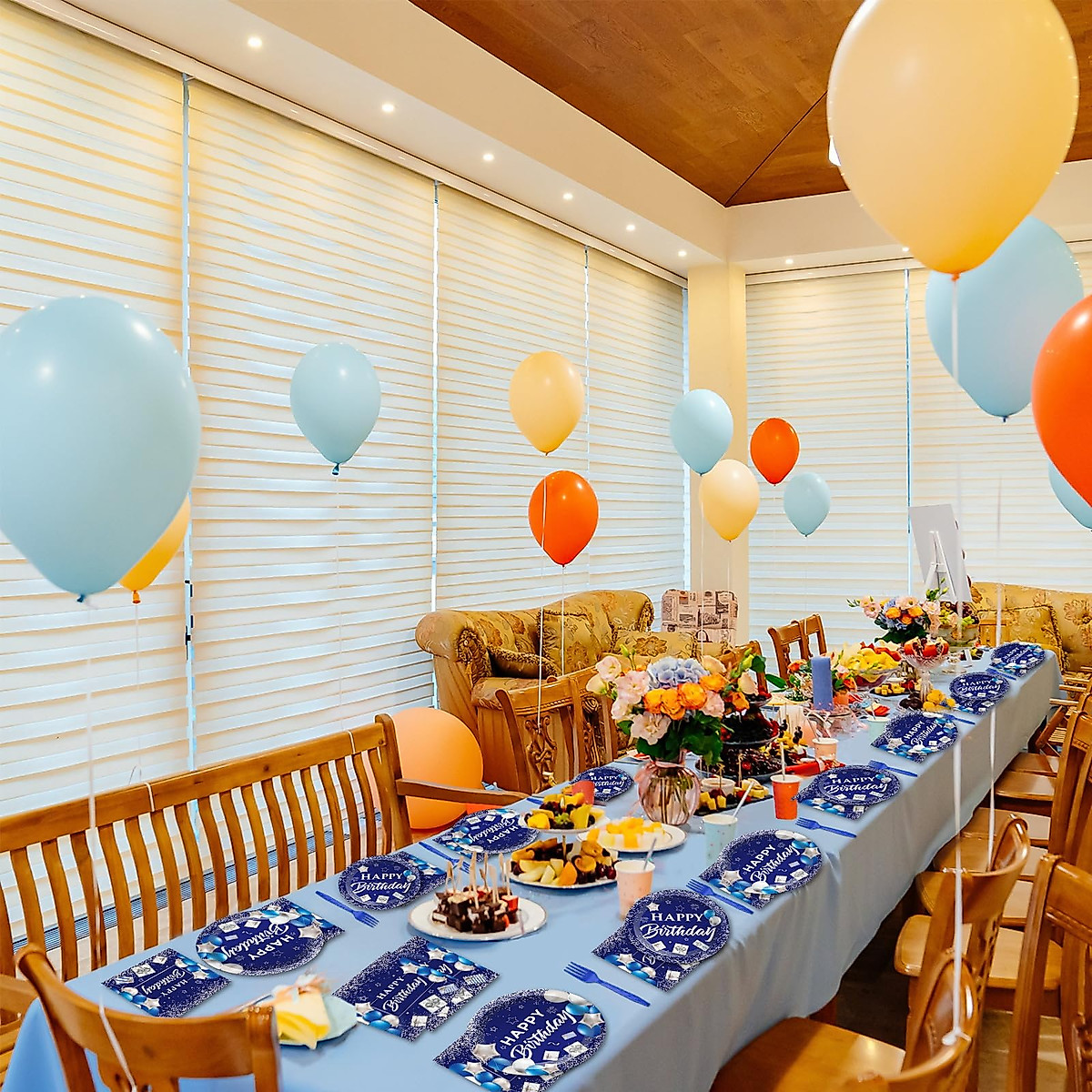 50 Guests Blue Birthday Plates Napkins Happy Birthday Plates Navy Blue and Silver Happy Birthday Plates for Men Women Disposable Paper Plates Napkins Forks Party Decorations Tableware Set 200 PCS