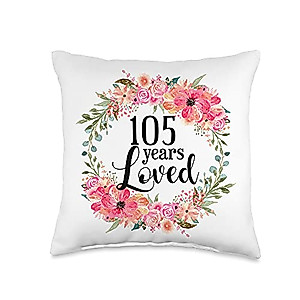 Floral 90 Years Loved Mom Grandma Birthday Gift Floral Loved 105 Year Old Grandma 105th Birthday Throw Pillow, 16x16, Multicolor