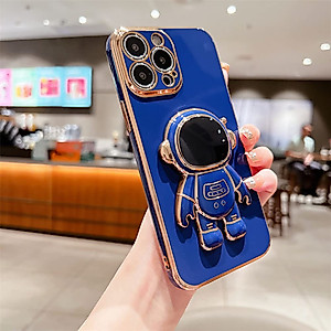 AIGOMARA 6D Plating Astronaut Hidden Stand Case Cover for iPhone 13 Pro Max Women Astronaut Folding Bracket Kickstand iPhone Case with Camera Protector Soft TPU Shockproof Bumper 6.7 in - Navy Blue