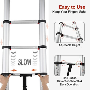 LUISLADDERS Telescoping Ladder, 12.5ft Aluminum Lightweight Extension Folding Telescopic Ladder Button Retraction Slow Down Design EN131 330lbs Max Capacity, Multi Purpose RV Ladder for Outdoor Work