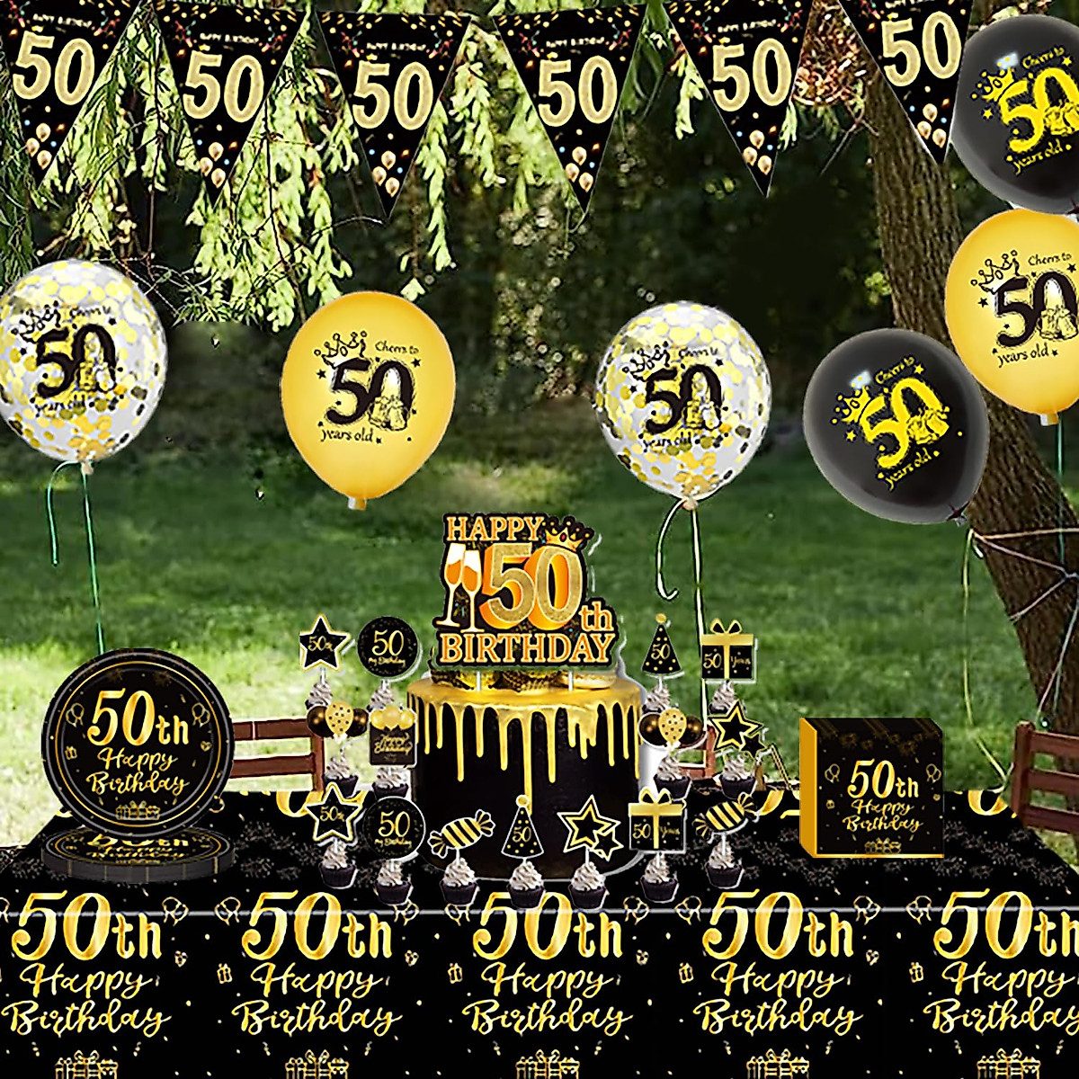 Augweyang 50th Birthday Party Decorations Supplies Tableware Set for Men Women Including 16 Plates 20 Napkins 1 Tablecloth 1 Banner 16 Forks 15 Balloons 16 Cupcake Toppers Serve 16