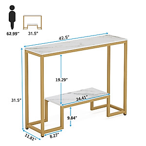 Tribesings White and Gold Narrow Console Sofa Table with Faux Marble Veneer for Entryway, Mid-Century Modern Accent Table for Living Room 42.5''WX11.81''DX31.5''H