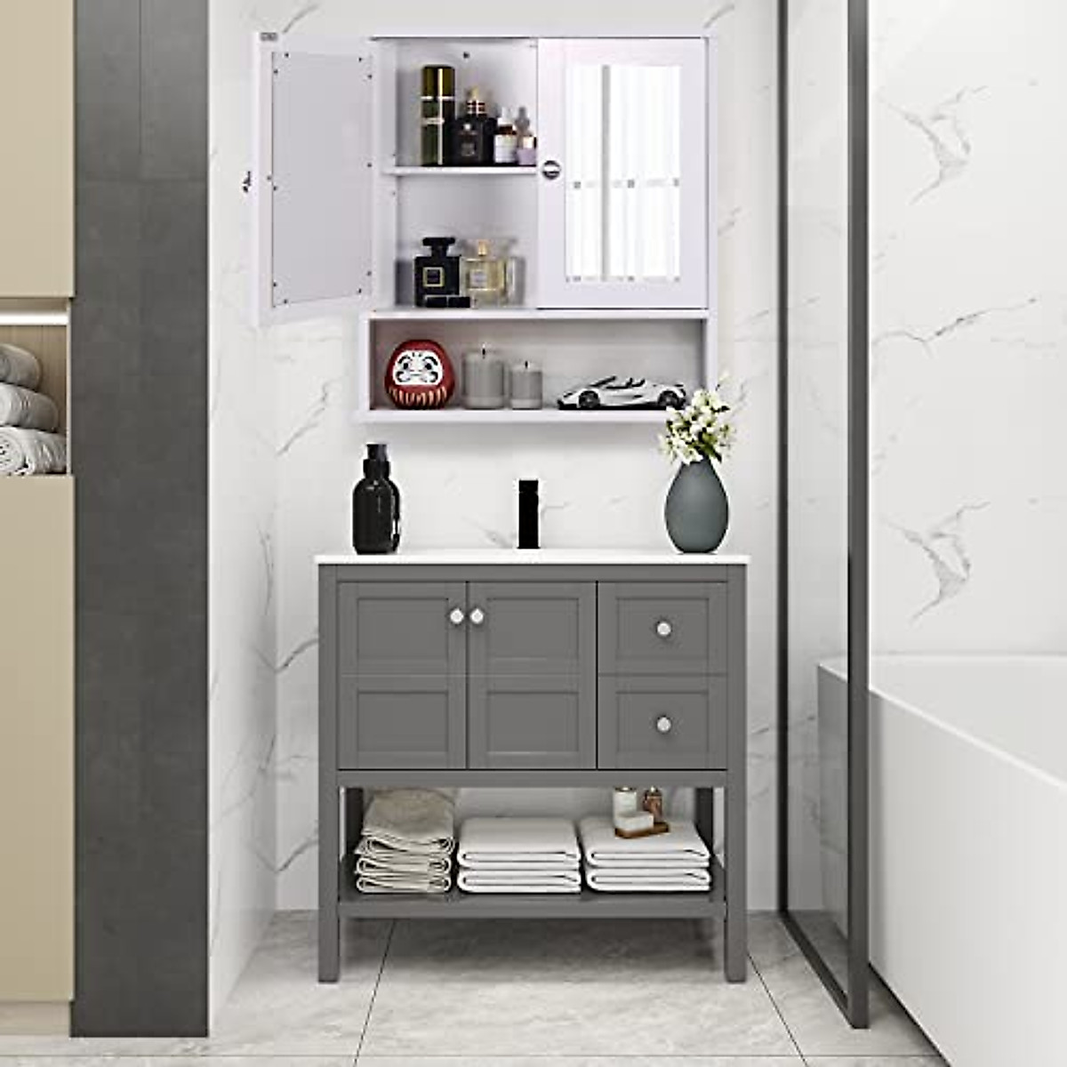 Bathroom Cabinet with 2 Mirror Doors Wall Mounted Medicine Cabinets Bathroom Shelves Over Toilet Adjustable Shelf for Laundry Room Kitchen Living Room with Open Shelf White Dresser with Mirror