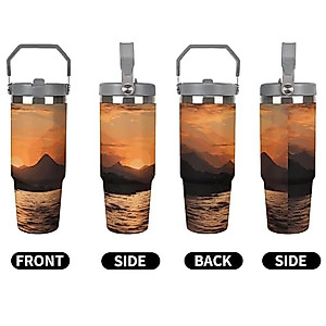 Mountain And Water at Sunset 30oz Stainless Steel Insulated Tumbler with Straw & Foldable Handle - Leakproof, Double-Wall Vacuum Travel Thermos for Hot/Cold Drinks, Non-Slip Base, Fit Cup Holders