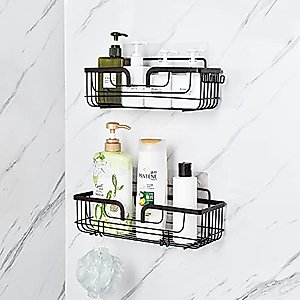 JOMOLA Shower Caddy Shelves Adhesive Bathroom Organizer Basket Kitchen Shelf Wall Storage Rack with 4 Hanging Hooks No drilling, Stainless Steel, Black 2pcs
