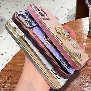 AMAZFCCY iPhone 13 Pro Max 6.7'' Kickstand Case, [Upgraded Metallic Paint] Cute 3D Butterfly Bling Glitter Luxury Rhinestone Hard Back Soft TPU Bumper for Apple iPhone 13 Pro Max 2021 (Purple)