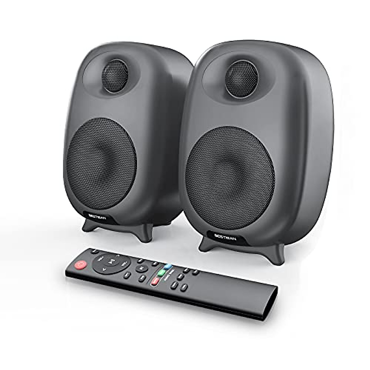 BESTISAN 50 Watt Powered Bookshelf Speakers with Bluetooth 5.0 and Wired Optical RCA Input Port, Bass and Treble Adjustable, Deep Bass, 3 Audio Mode Design, Remote Control