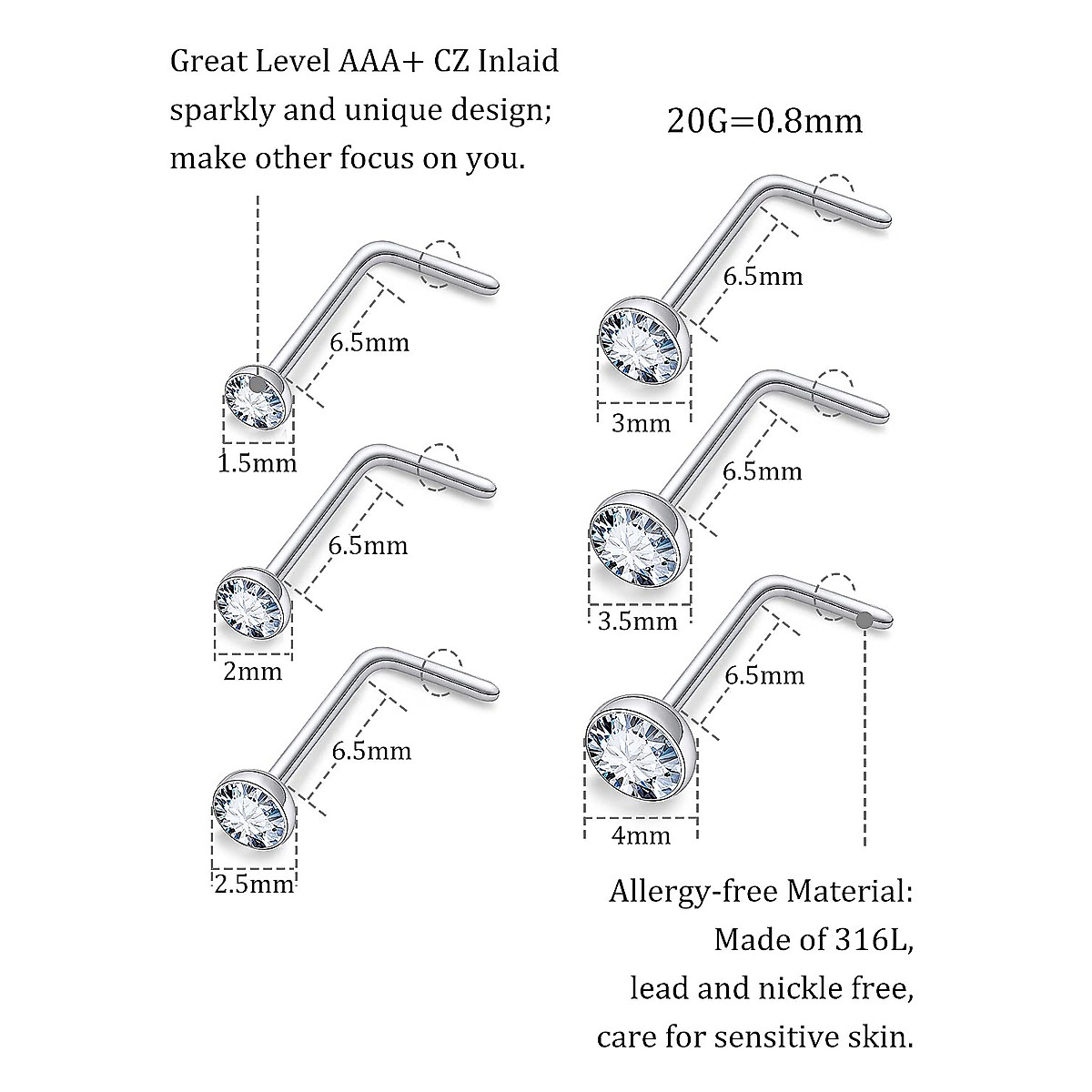 Uzgtvy 20G Nose Rings Studs for Women 316l Stainless Surgical Steel Silver L Shaped Bend Hypoerallgenic Diamond Nose Nostril Ring Body Piercing Jewelry for Women Men 1.5mm 2mm 2.5mm 3mm 3.5mm 4mm