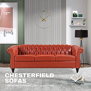 KUVENQIW Modern Orange Chesterfield Sofa Button Tufted Faux Leather Couches for Living Room Classic Bedroom Office Apartment (Orange)