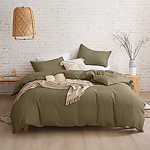 Olive Green Linen-Textured 55% Viscose from Bamboo 45% Cotton Duvet Cover Set, Pre-washed Soft Breathable Queen Size Duvet Cover for Hot Sleepers, Natural Organic Duvet Cover with 2 Pillowcases
