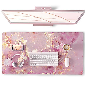 QIYI Large Mouse Pad, Cute Pink Desk Mat for Desktop, Women Girls PU Leather Waterproof Gaming Mousepad, Rose Gold Marble Computer PC Laptop Protector Writing Pads for School Office Home 31.5" x 15.7"