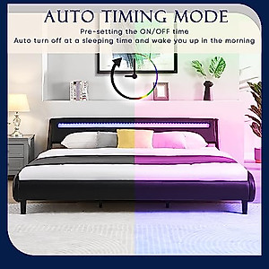 HAUSHECK King Size Upholstered Platform Bed, LED Bed Frame with Lights Headboard, Modern Faux Leather Bedframe No Spring Box Needed for Kids, Teen & Adults, King Beds with Strong Wood Slats Support