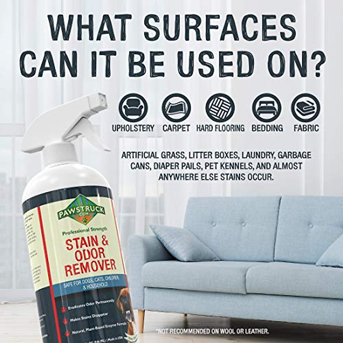 Pawstruck Professional Strength Stain & Odor Remover - Natural Enzyme Cleaner (Bulk 32oz) for Dog & Cat Urine, Waste, Wine, Blood, Vomit, etc. Safe & Effective Pet Smell Eliminator for Carpet, Hardwood & More