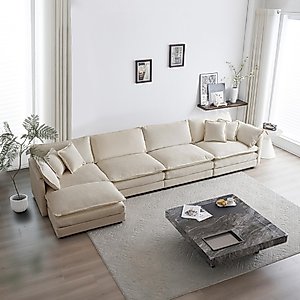 HanStrong 146.5" Modular Sectional Sofa Couch Modern L Shaped Sofa Oversized Upholstered Couch with Ottoman & Toss Pillows, 5 Seat Comfy Chenille Deep Seat Sofa for Living Room Apartment, Beige
